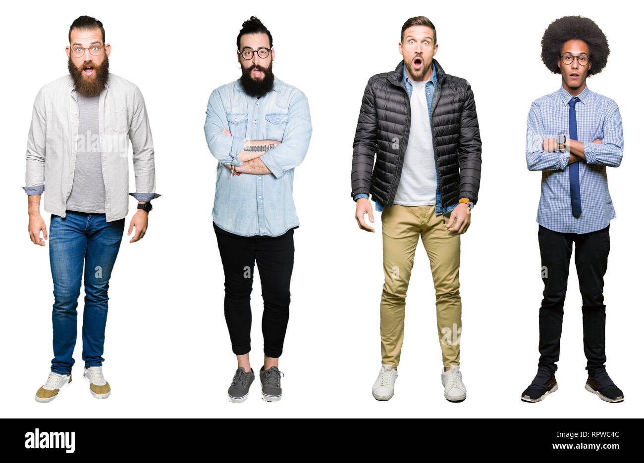 Collage of group of young men over white isolated background afraid and ...
