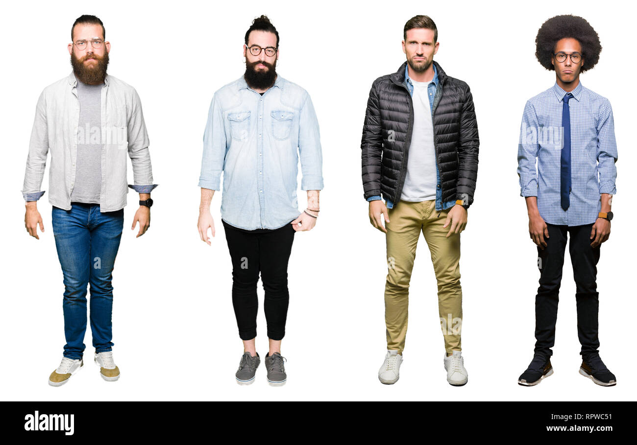 Collage of group of young men over white isolated background depressed ...