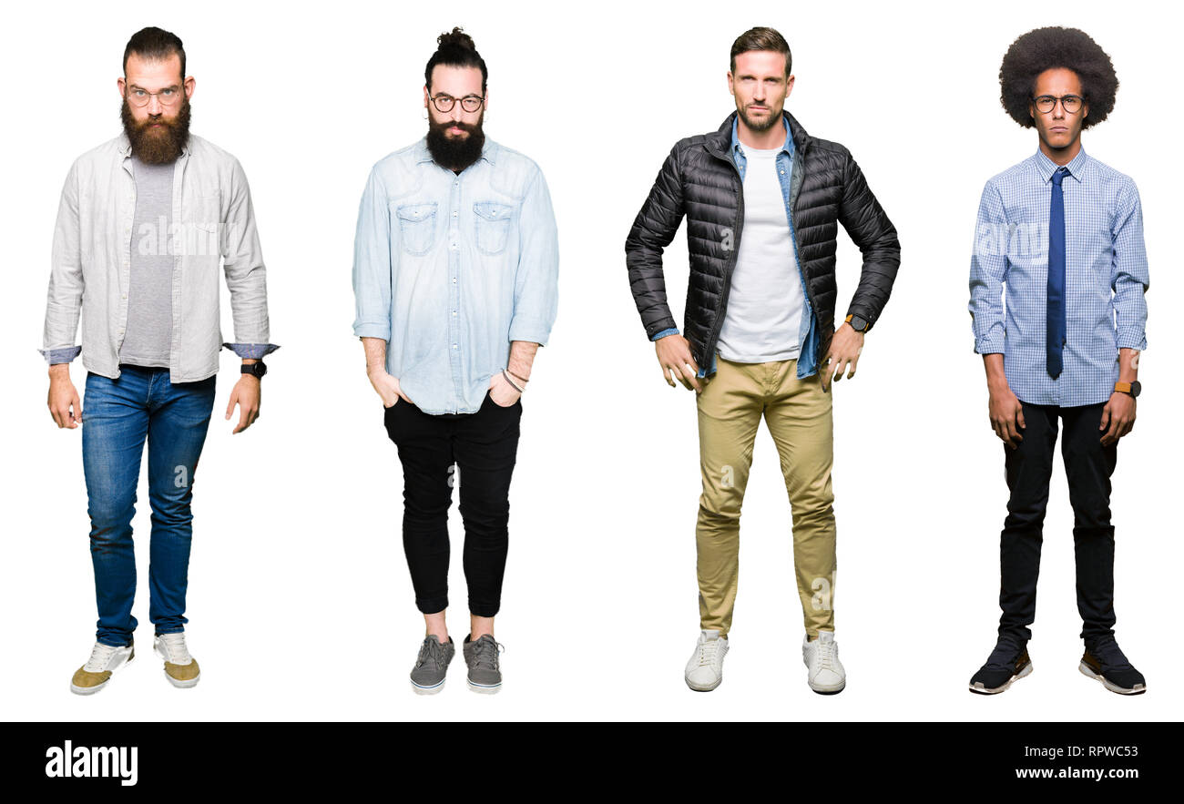 Collage of group of young men over white isolated background skeptic ...