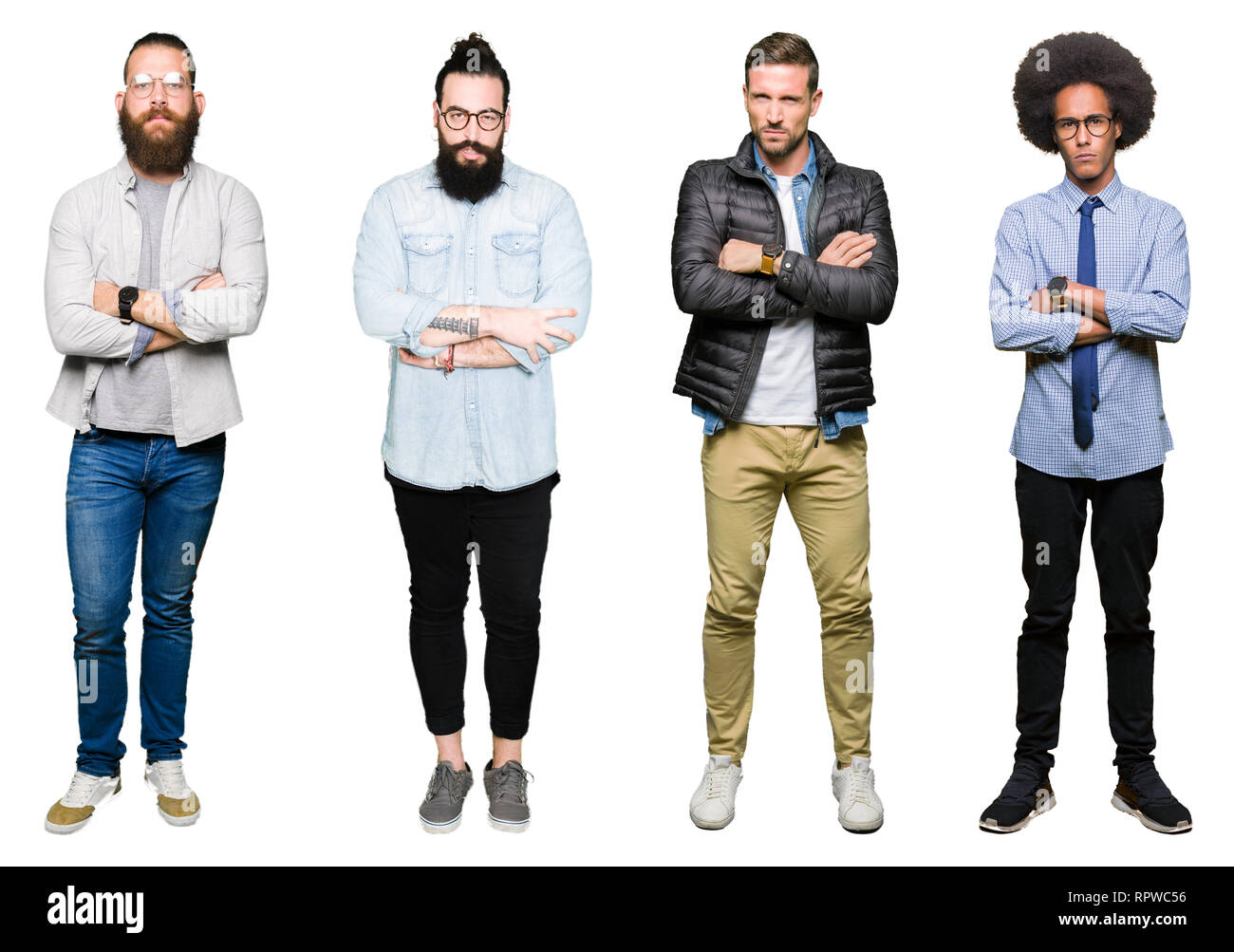 Collage of group of young men over white isolated background skeptic ...