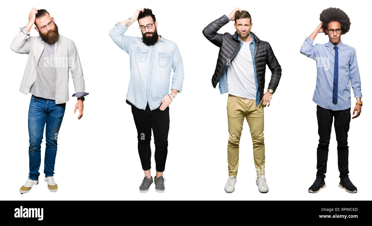 Collage of group of young men over white isolated background confuse ...