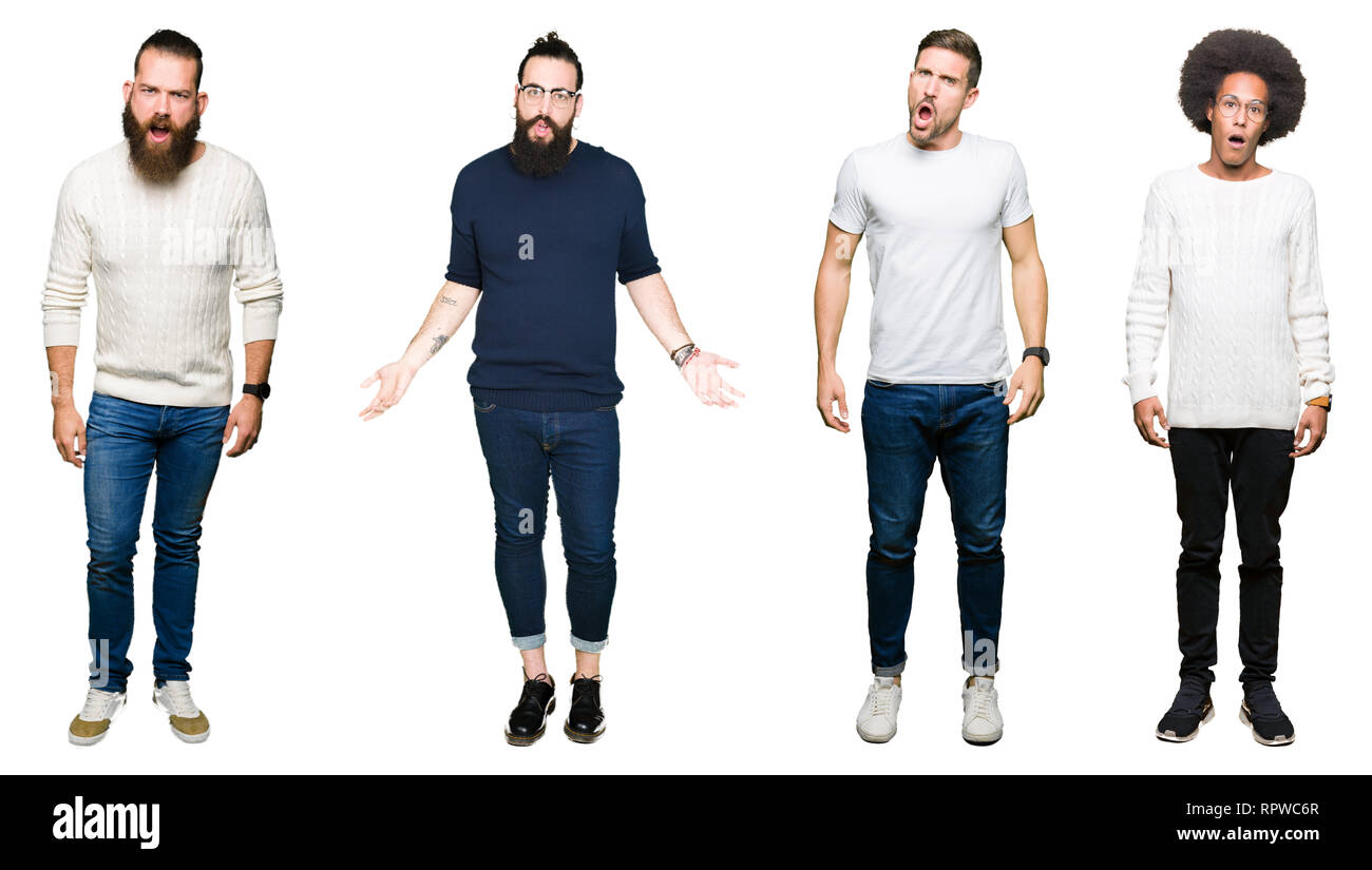 Collage of group of young men over white isolated background In shock ...