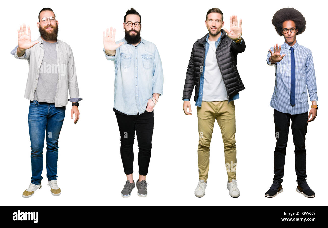 Collage of group of young men over white isolated background doing stop ...