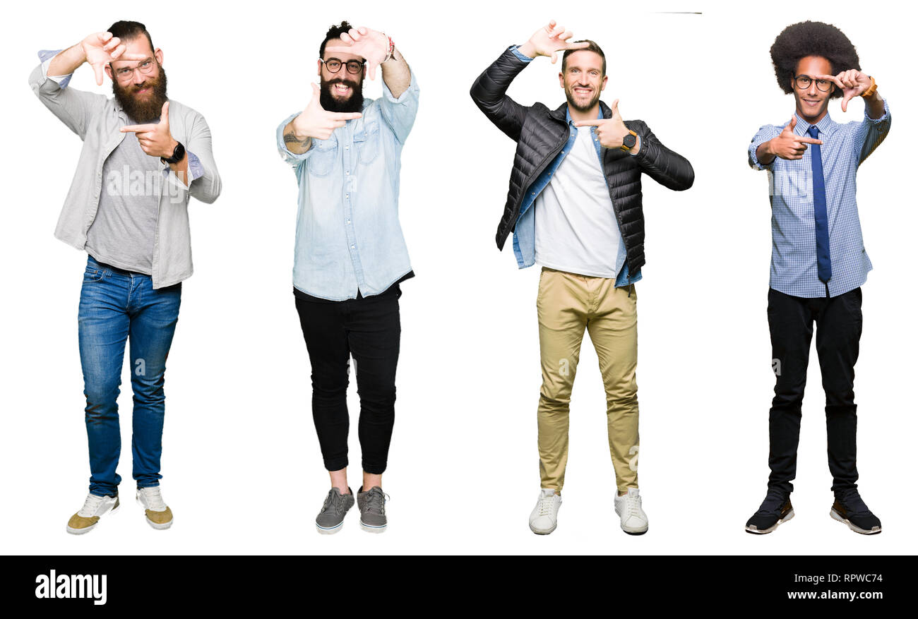 Collage of group of young men over white isolated background smiling ...