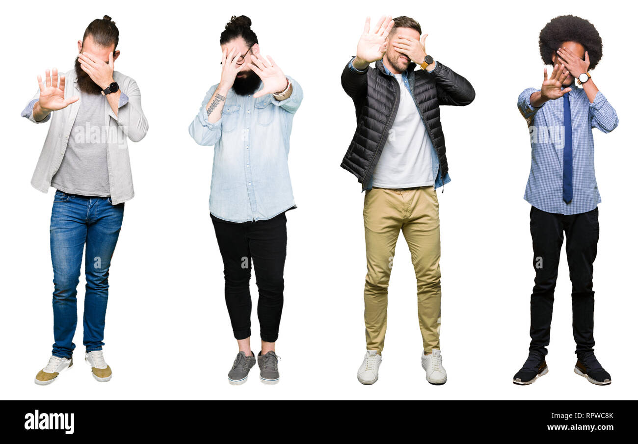 Collage of group of young men over white isolated background covering ...