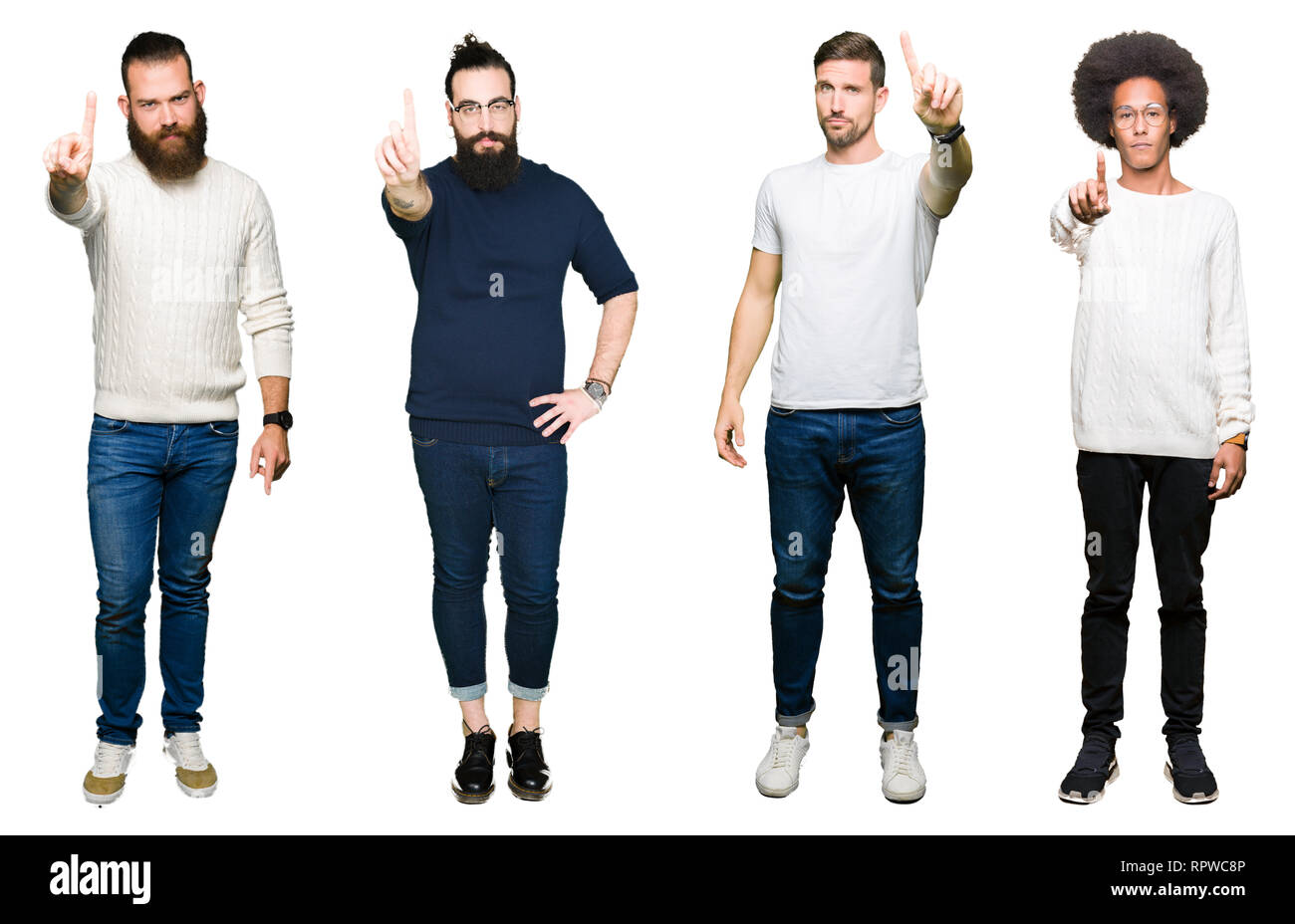 Collage of group of young men over white isolated background Pointing ...