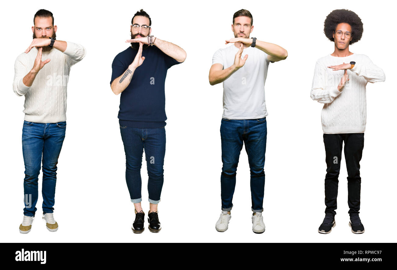 Collage of group of young men over white isolated background Doing time ...