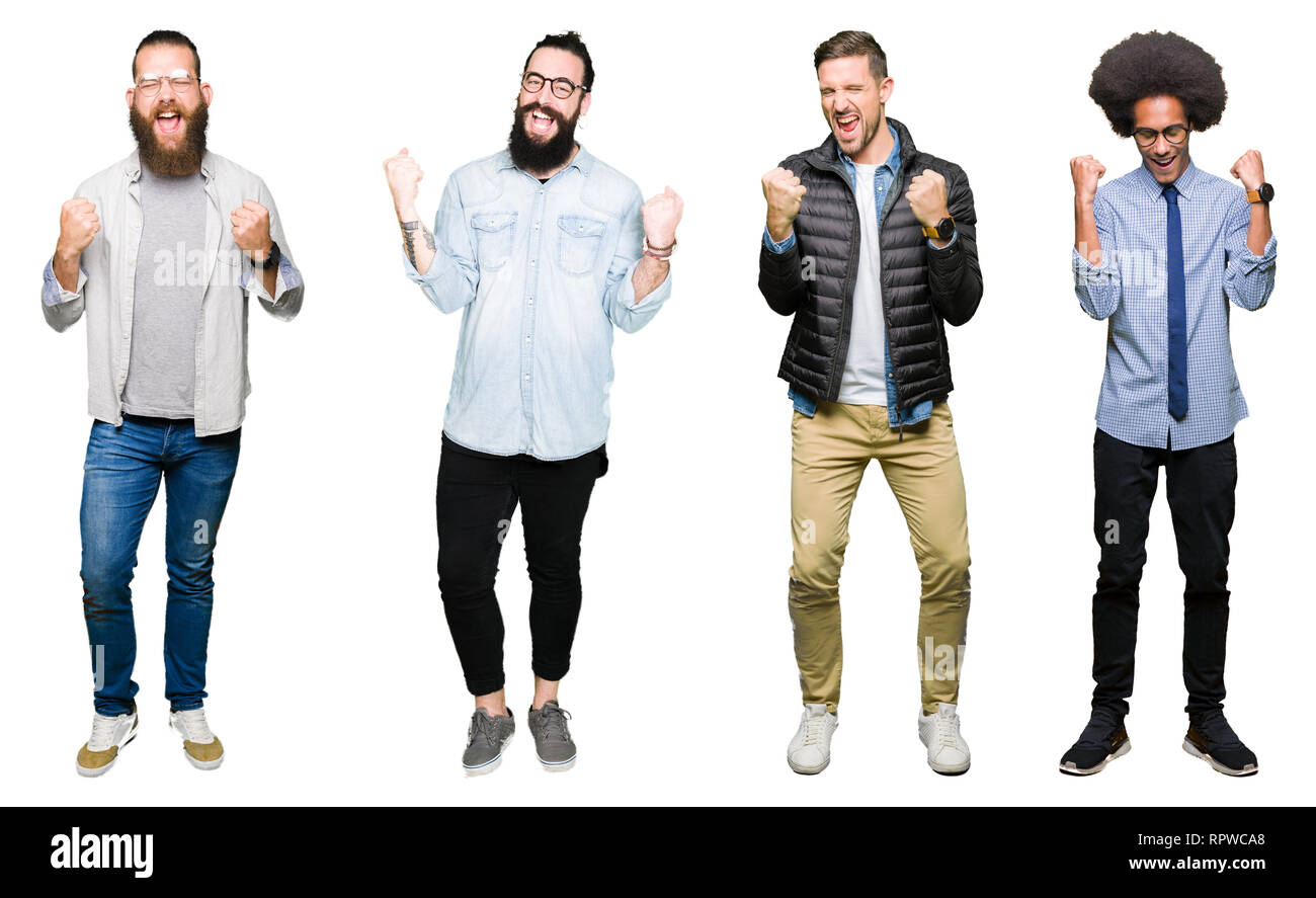 Collage of group of young men over white isolated background very happy ...