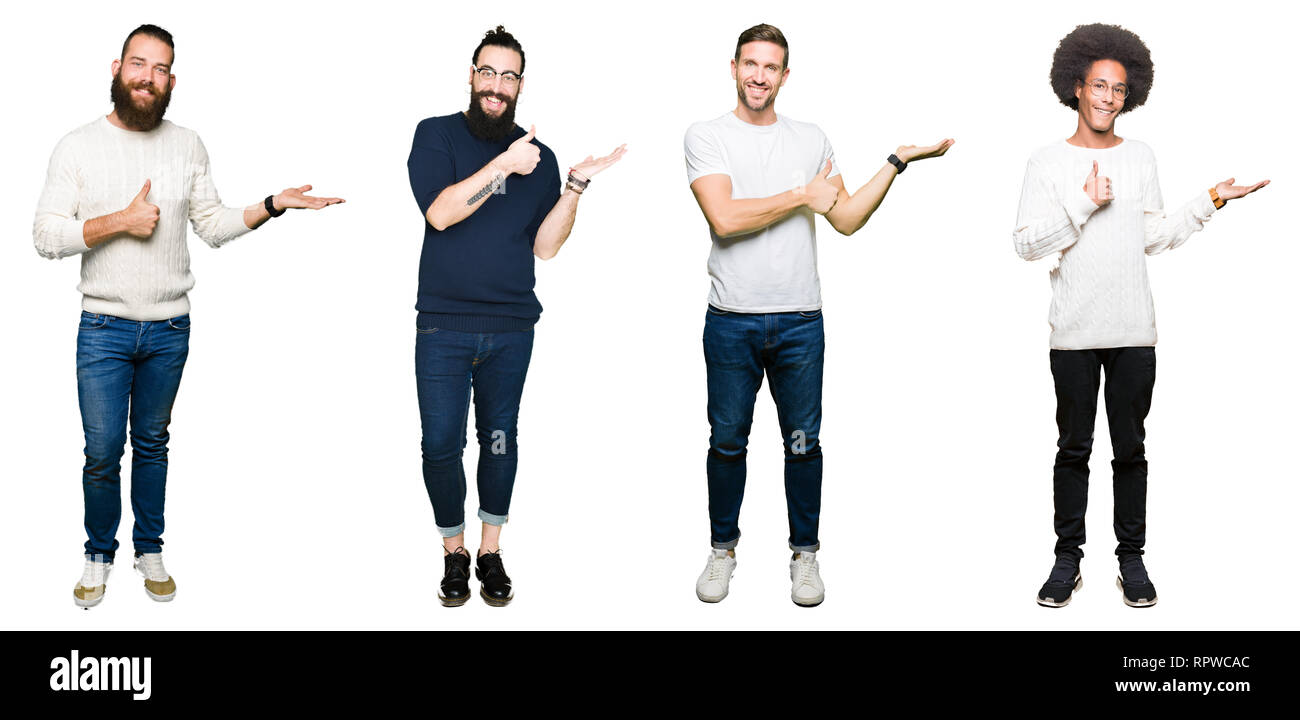 Collage of group of young men over white isolated background Showing ...