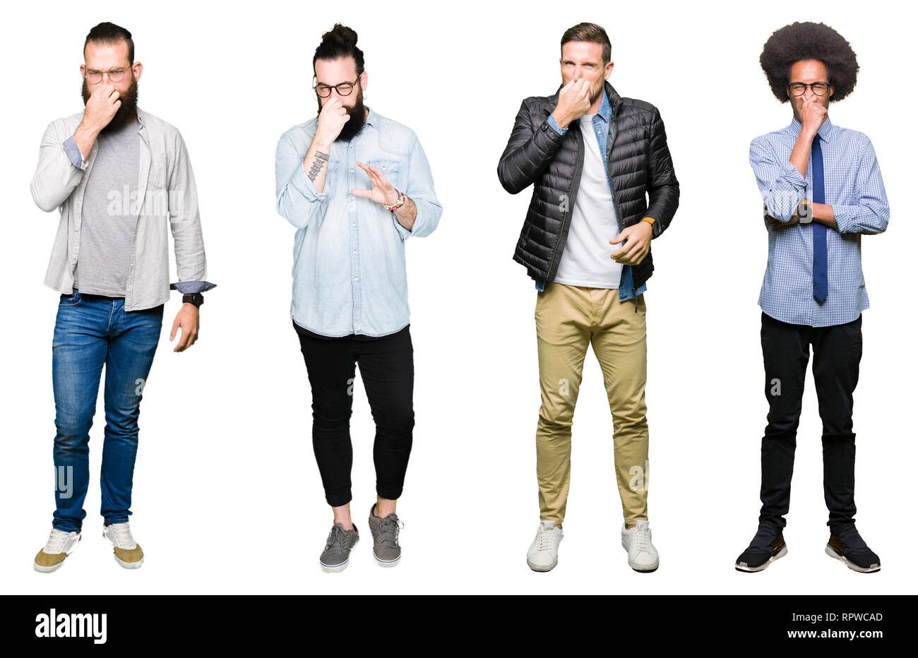 Collage of group of young men over white isolated background smelling ...