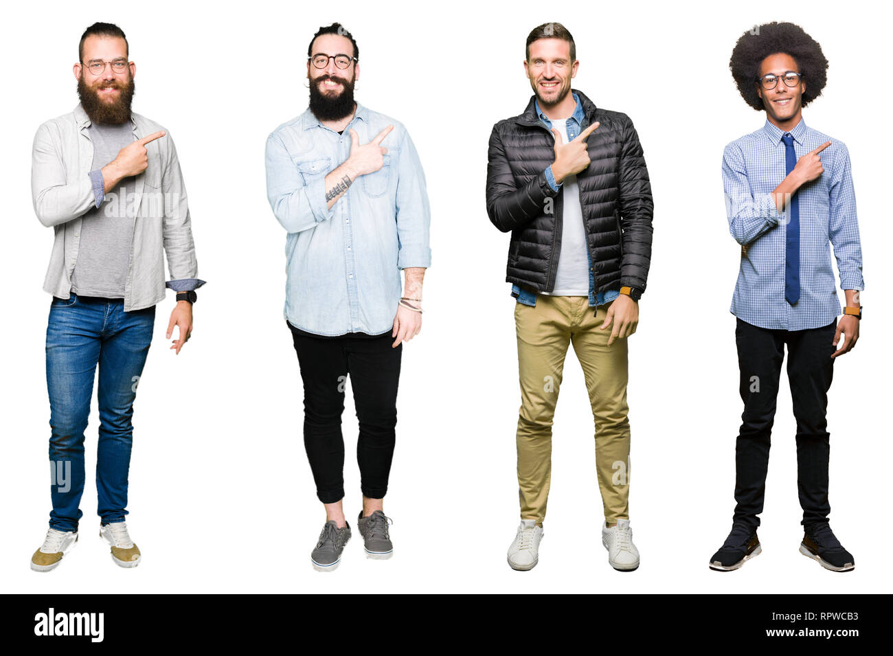 Collage of group of young men over white isolated background cheerful ...