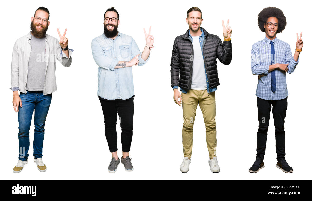 Collage of group of young men over white isolated background smiling ...