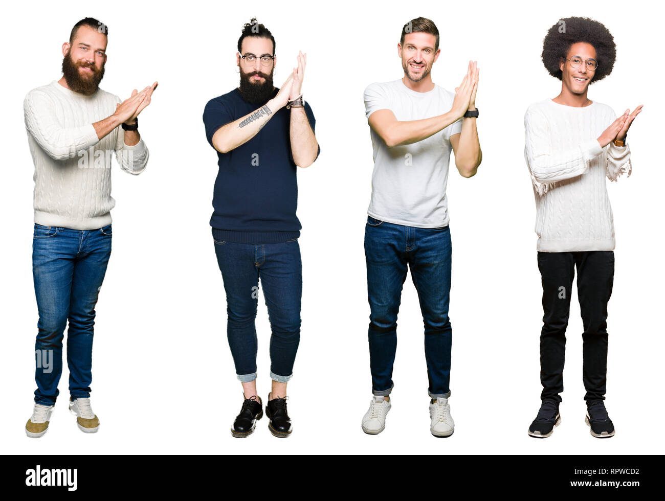 Collage of group of young men over white isolated background Clapping ...