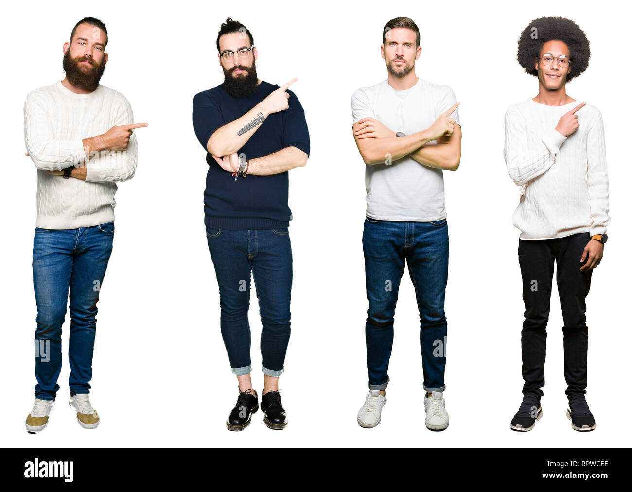 Collage of group of young men over white isolated background Pointing ...