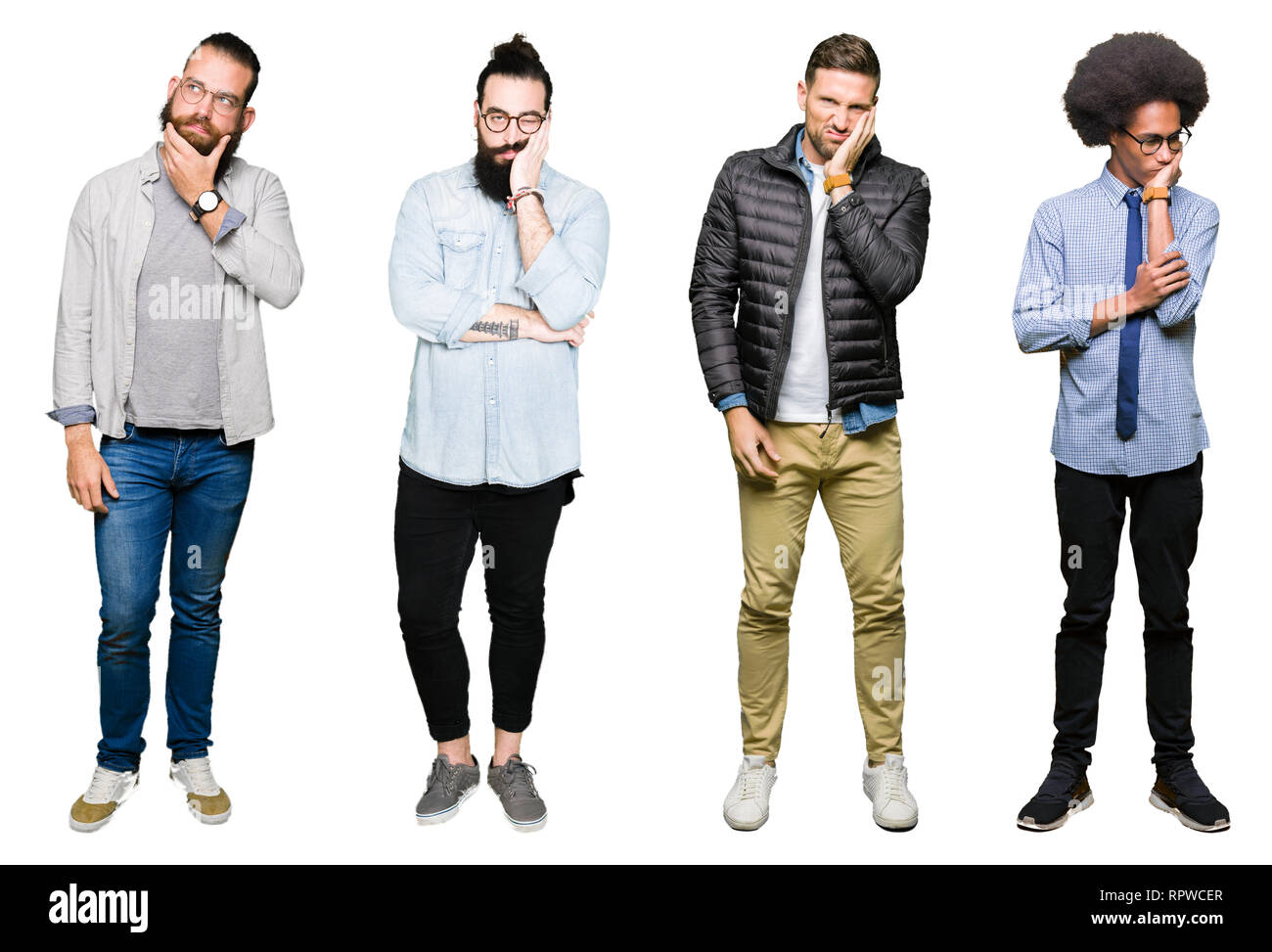 Collage of group of young men over white isolated background thinking ...