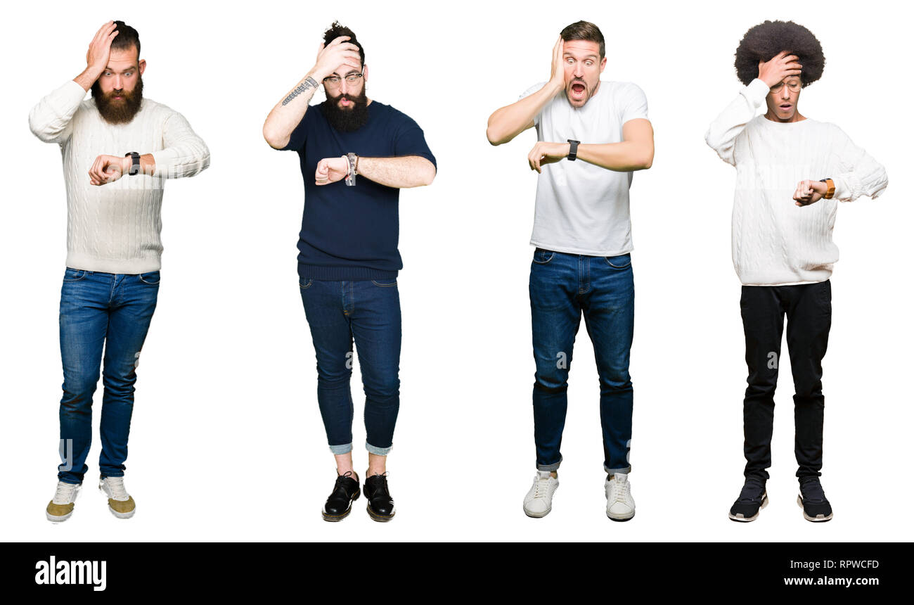 Collage of group of young men over white isolated background Looking at ...