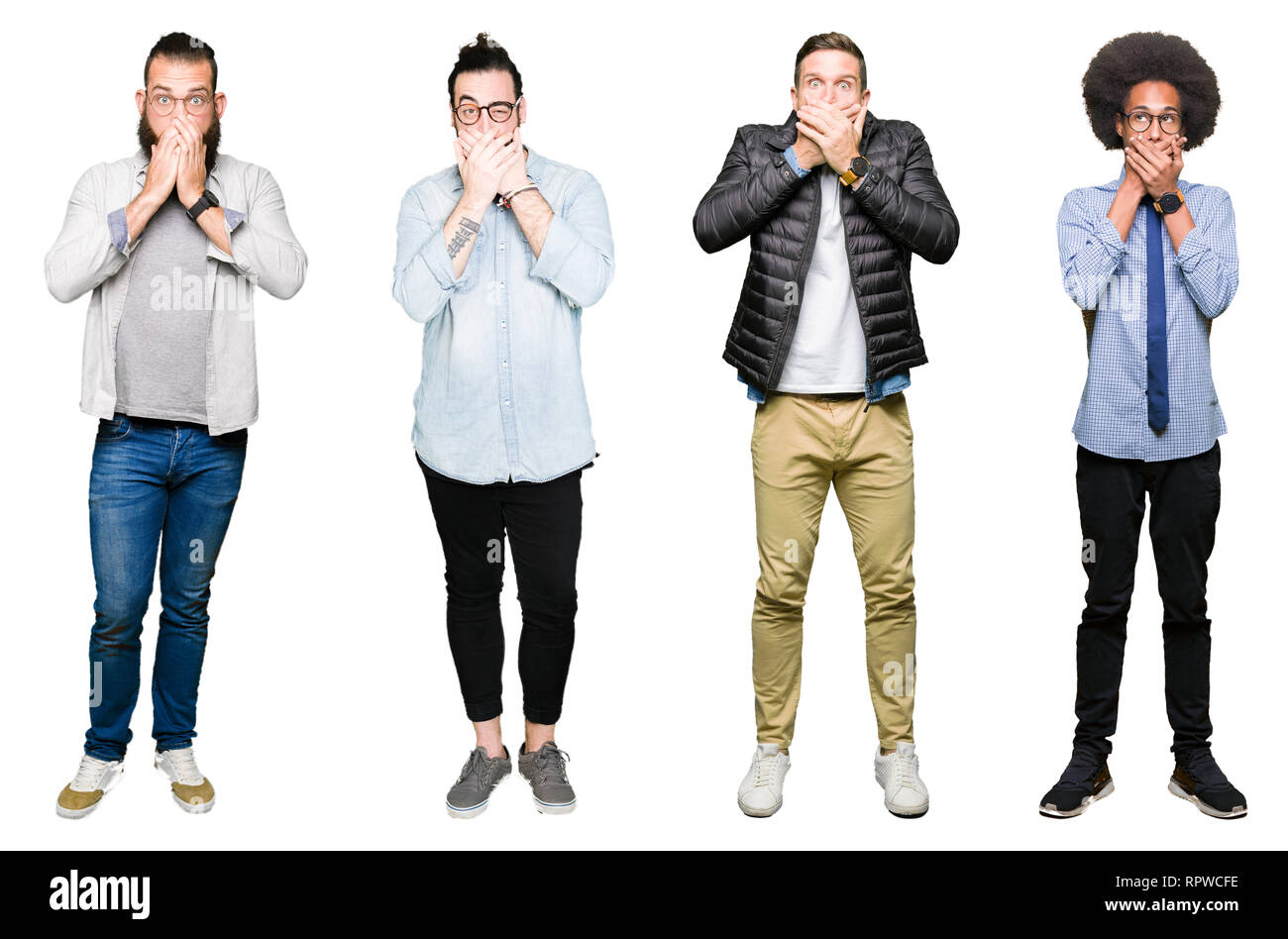 Collage of group of young men over white isolated background shocked ...