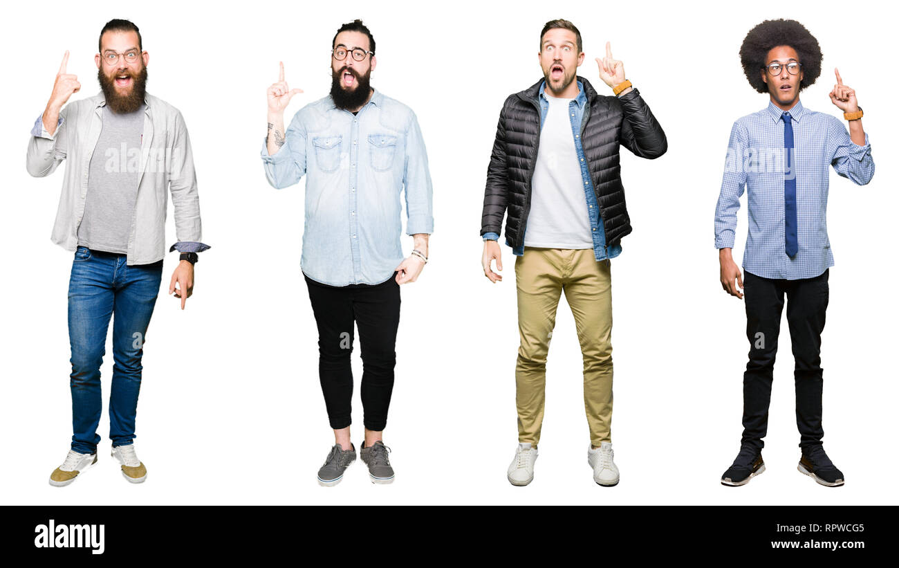 Collage of group of young men over white isolated background pointing ...