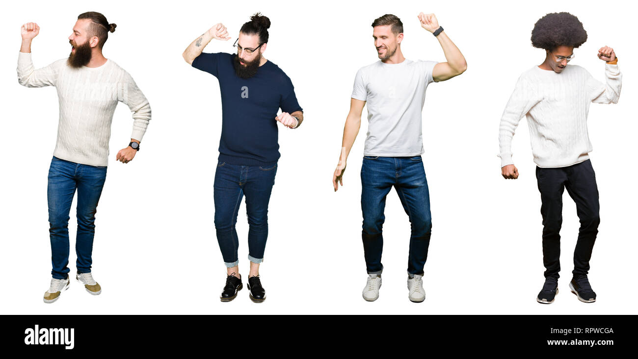 Collage of group of young men over white isolated background Dancing ...