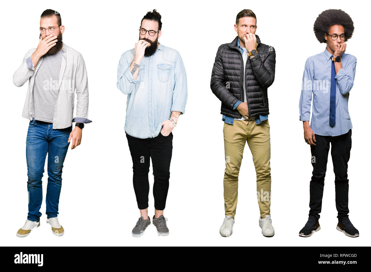 Collage of group of young men over white isolated background looking ...