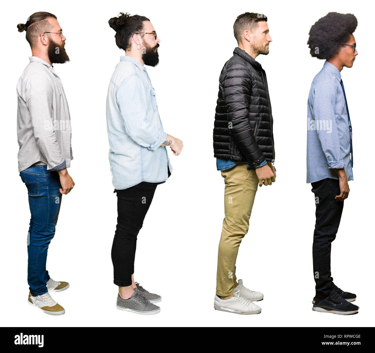 Collage of group of young men over white isolated background looking to ...