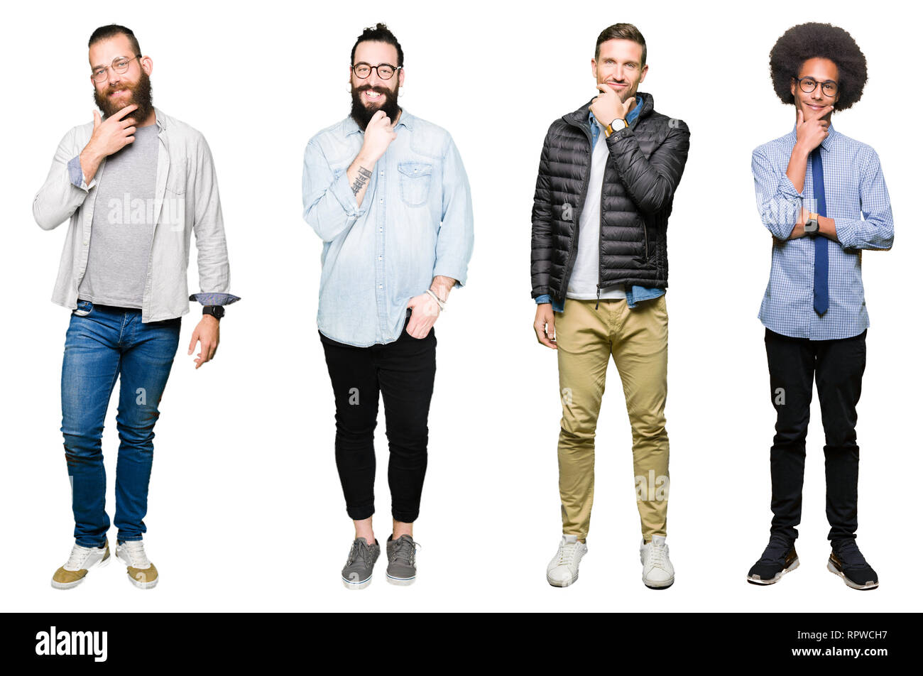 Collage of group of young men over white isolated background looking ...