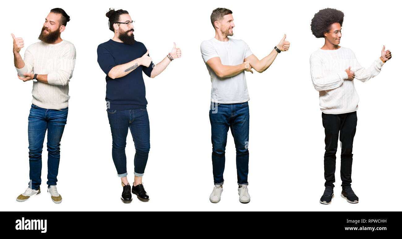 Collage of group of young men over white isolated background Looking ...