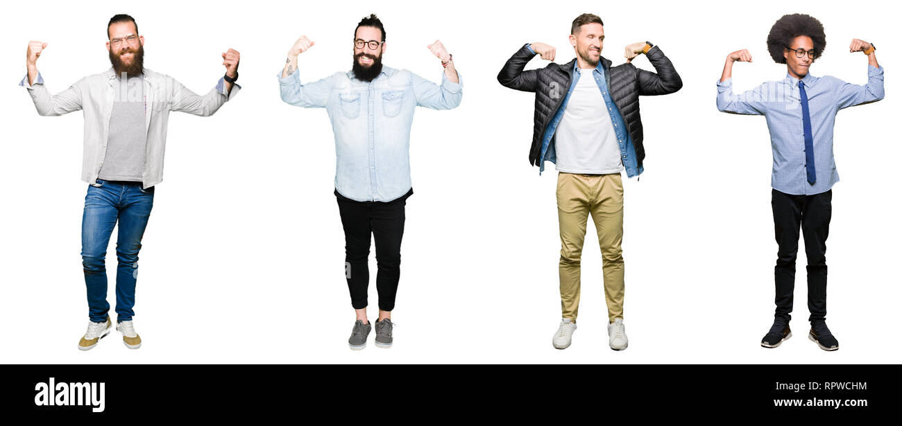 Collage of group of young men over white isolated background showing ...