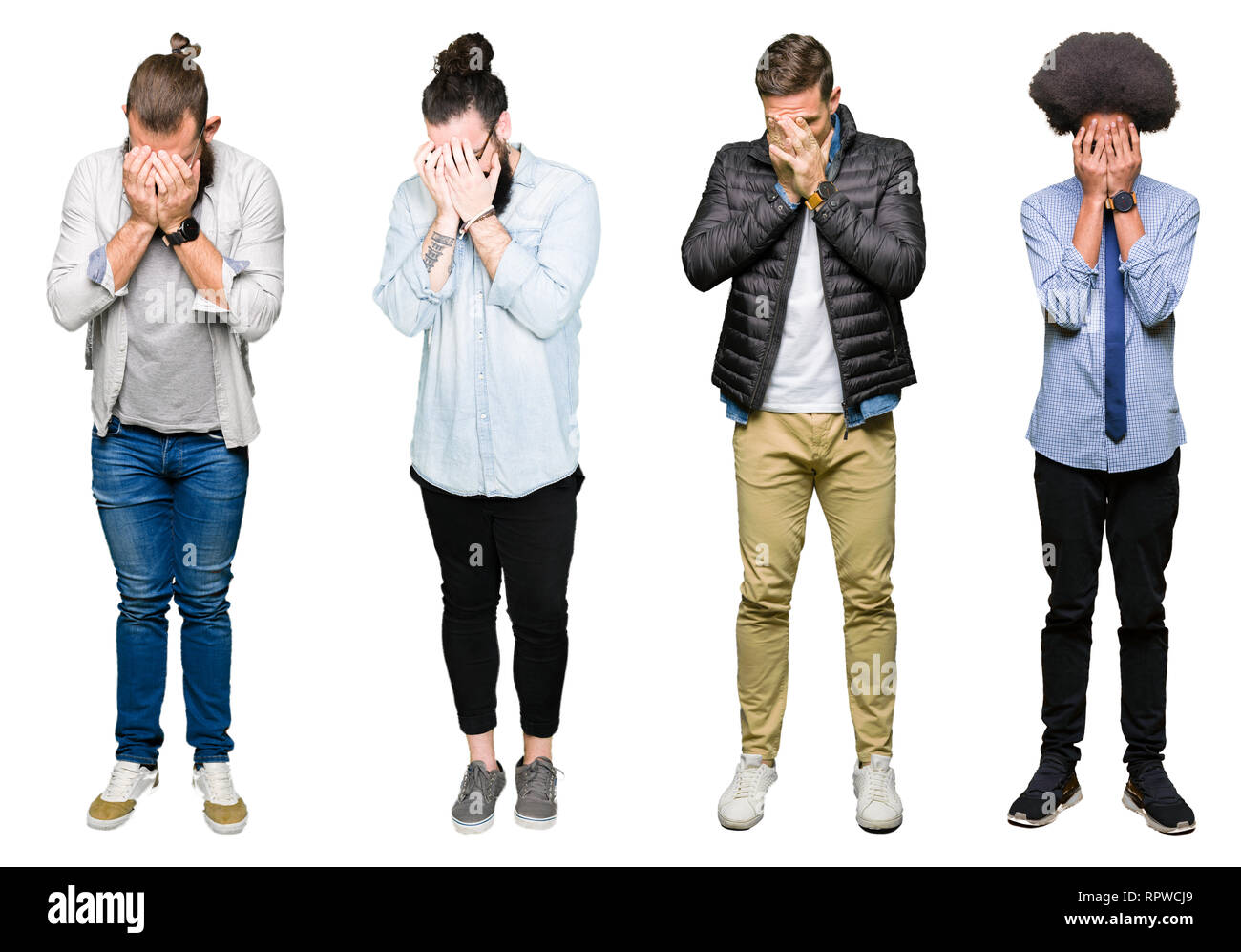 Collage of group of young men over white isolated background with sad ...