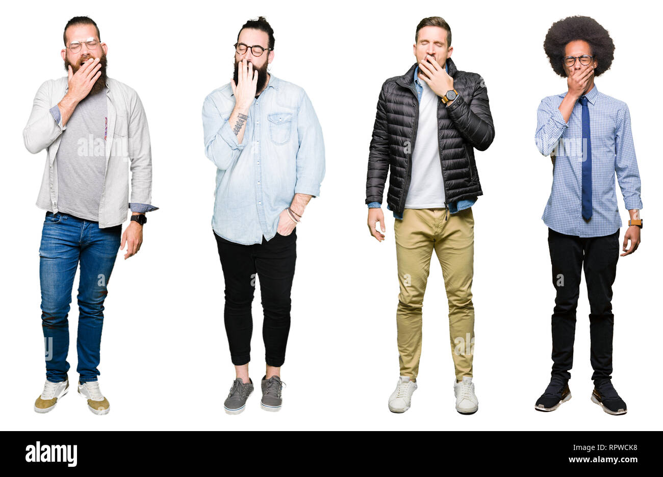 Collage of group of young men over white isolated background bored ...
