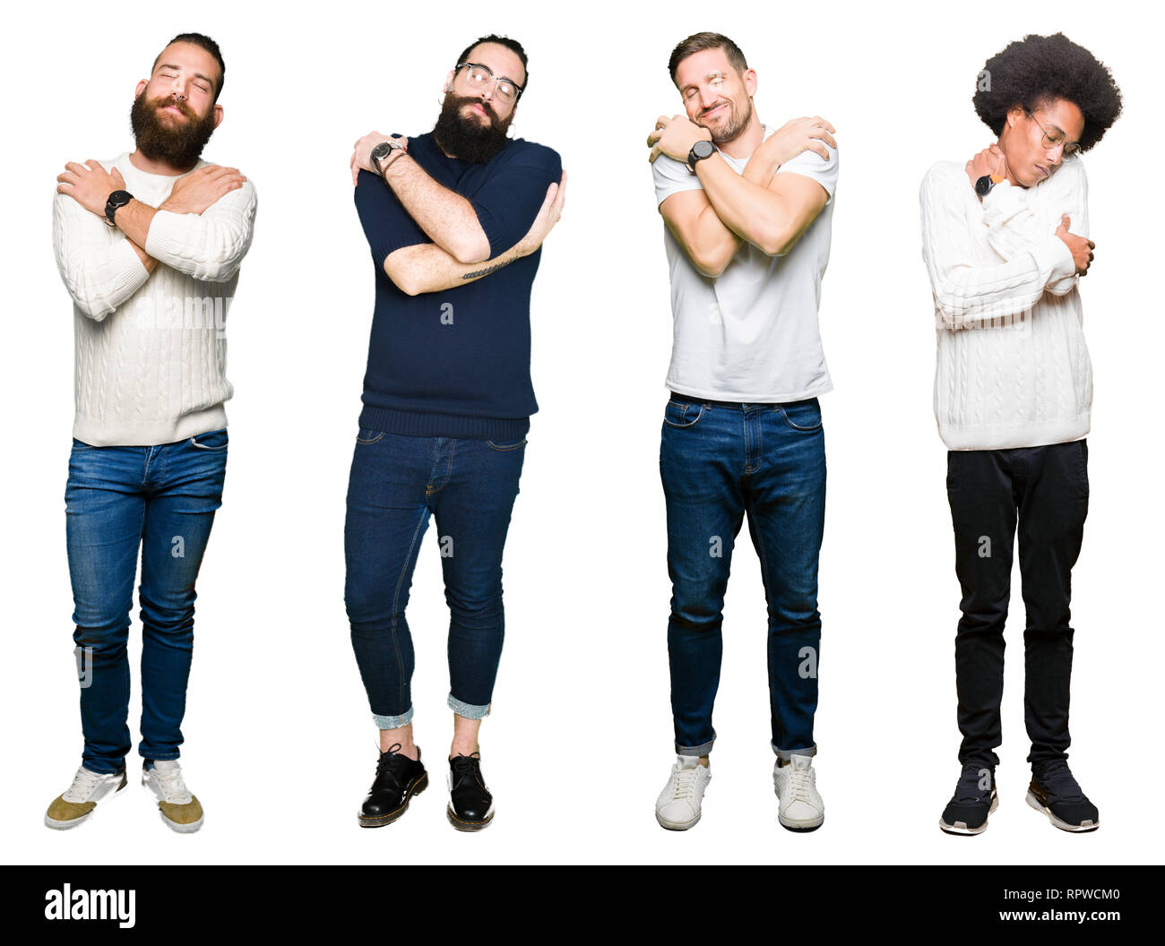 Collage of group of young men over white isolated background Hugging ...