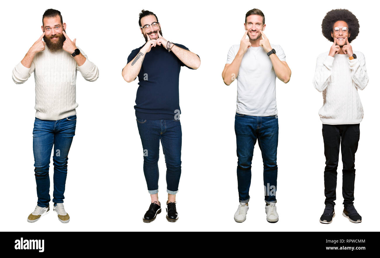 Collage of group of young men over white isolated background Smiling ...