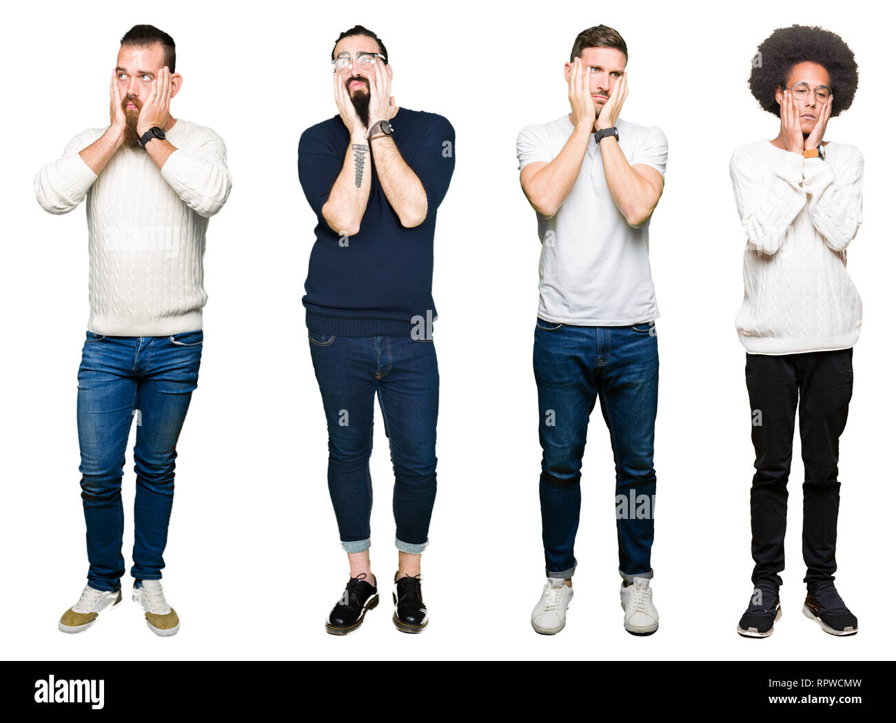 Collage of group of young men over white isolated background Tired ...
