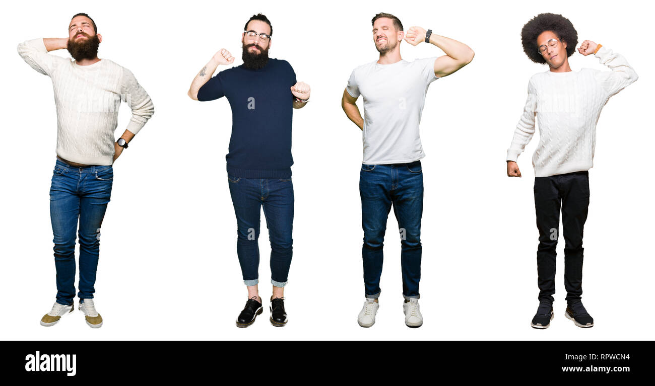Collage of group of young men over white isolated background stretching ...