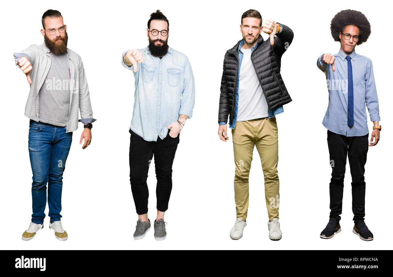 Collage of group of young men over white isolated background looking ...