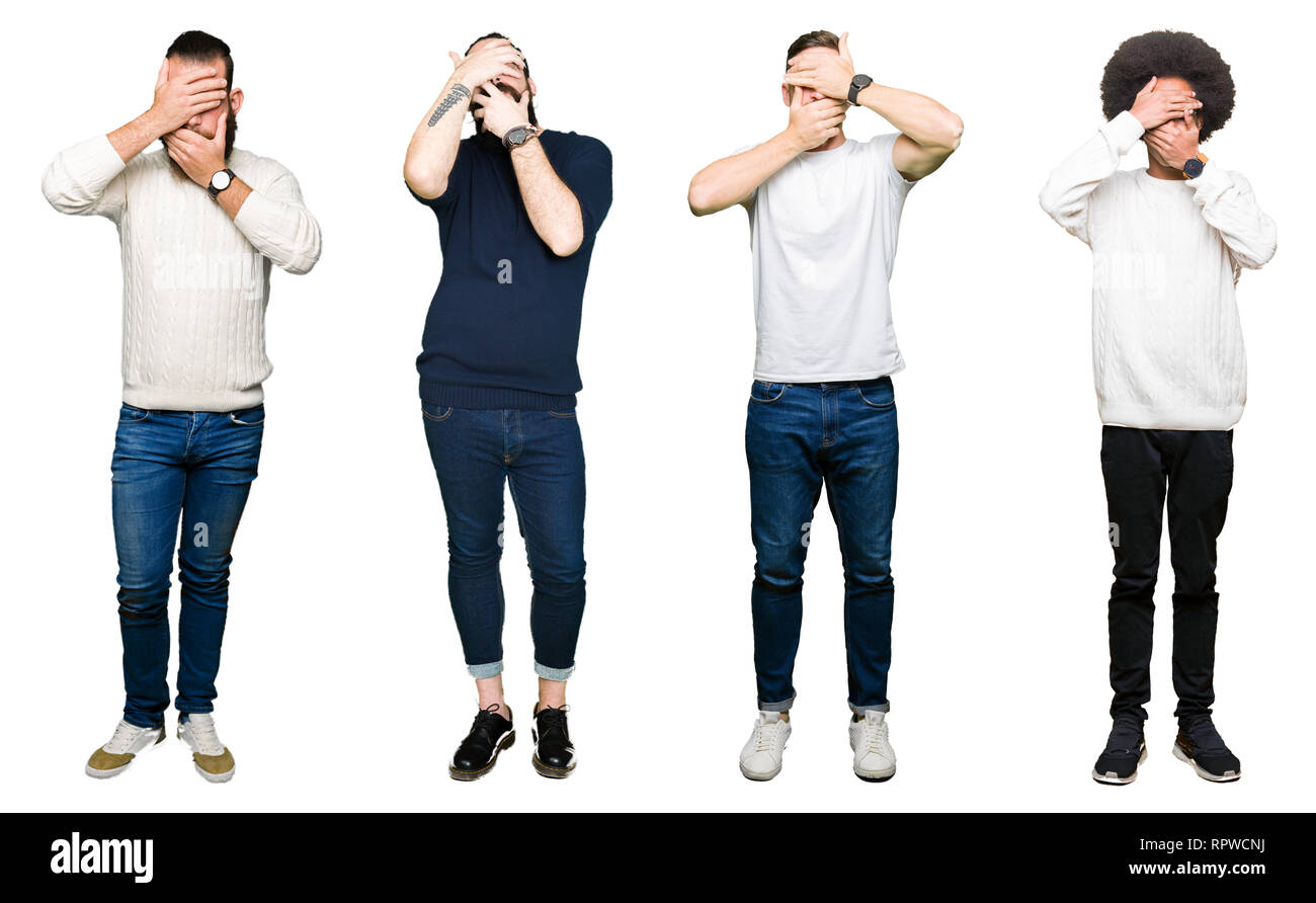 Collage of group of young men over white isolated background Covering ...