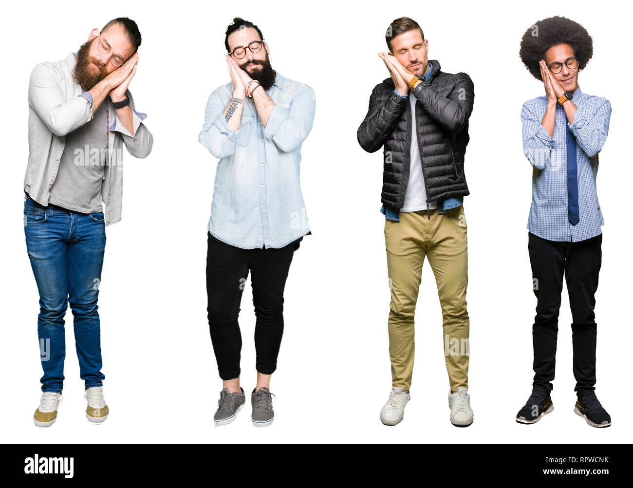 Collage of group of young men over white isolated background sleeping ...