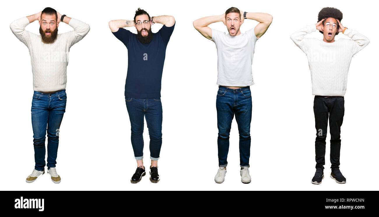 Collage of group of young men over white isolated background Crazy and ...