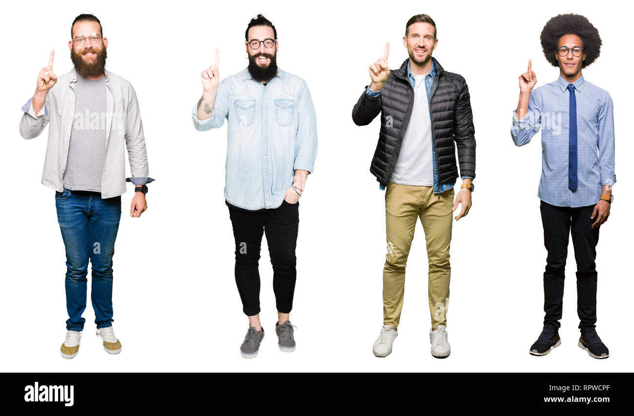 Collage of group of young men over white isolated background showing ...