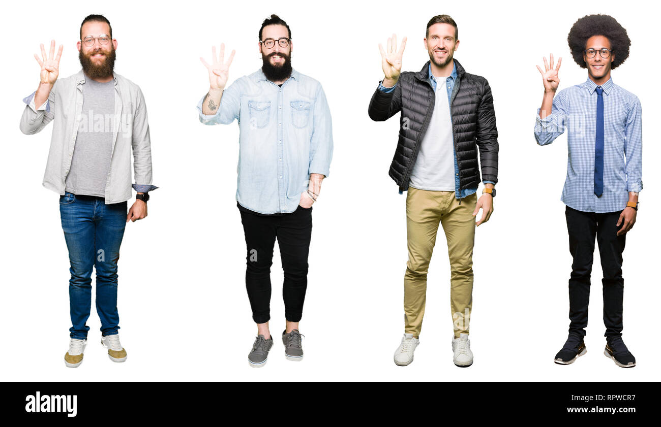 Collage of group of young men over white isolated background showing ...
