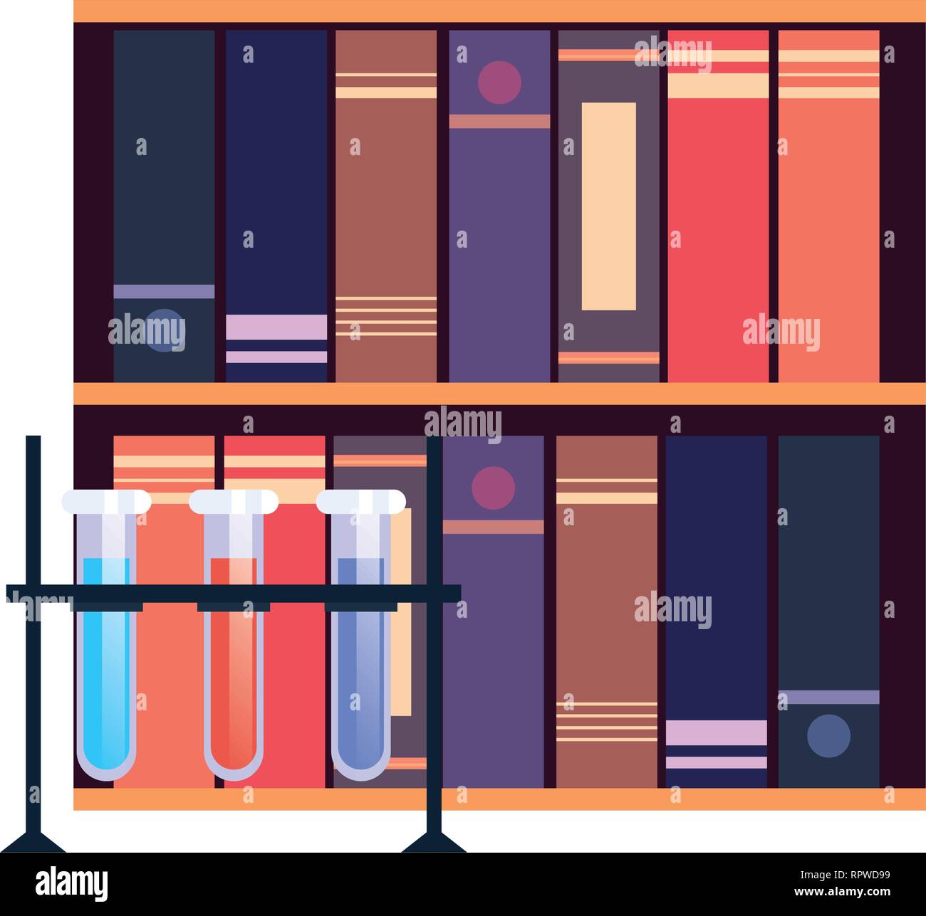 bookshelf and science flasks online education school vector ...