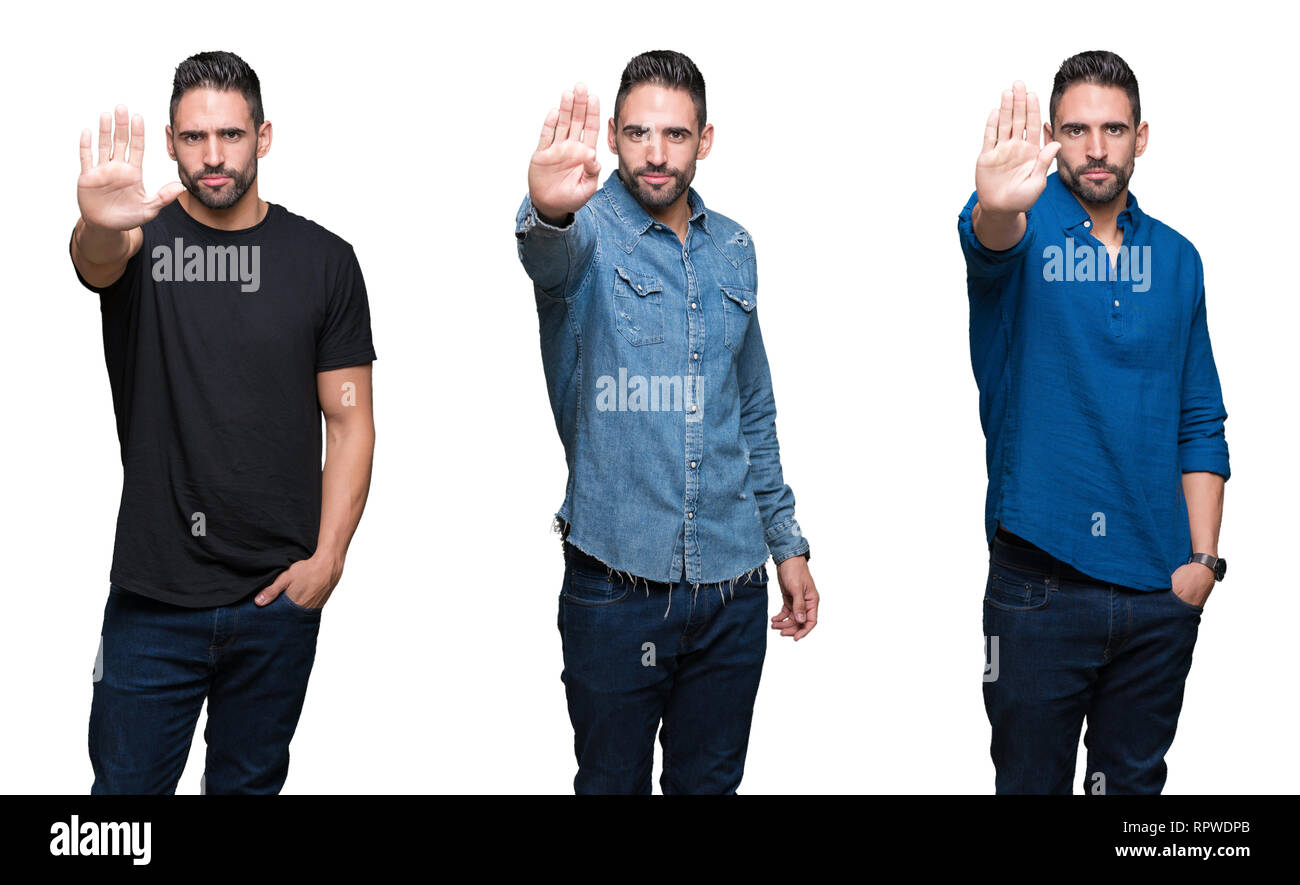 Collage of handsome man over white isolated background doing stop sing ...