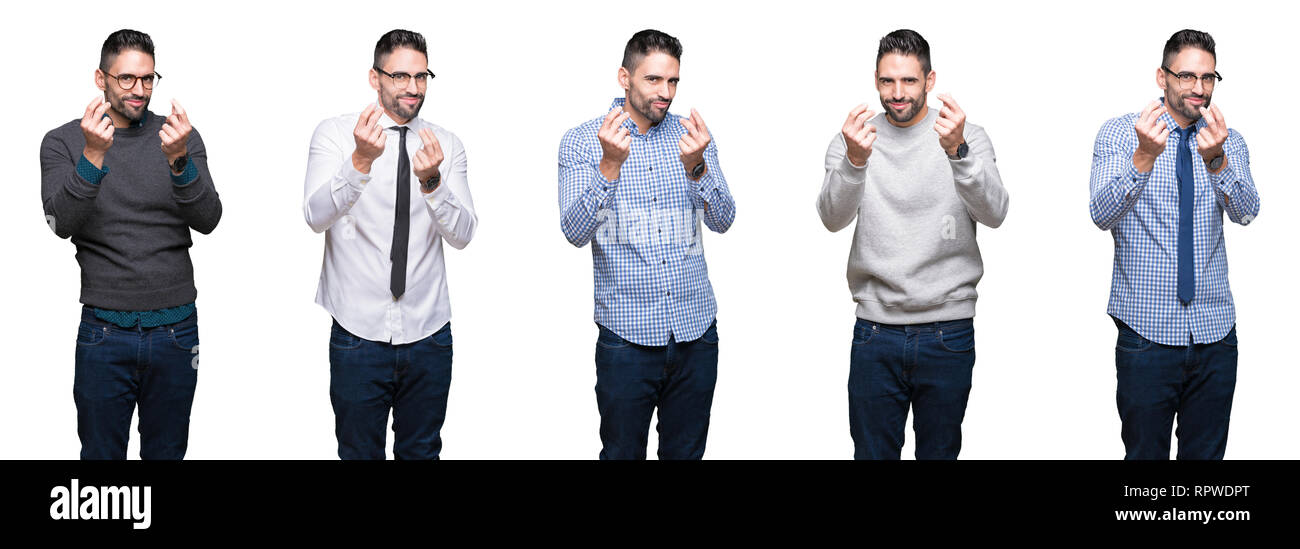 Collage of handsome business man over white isolated background Doing ...