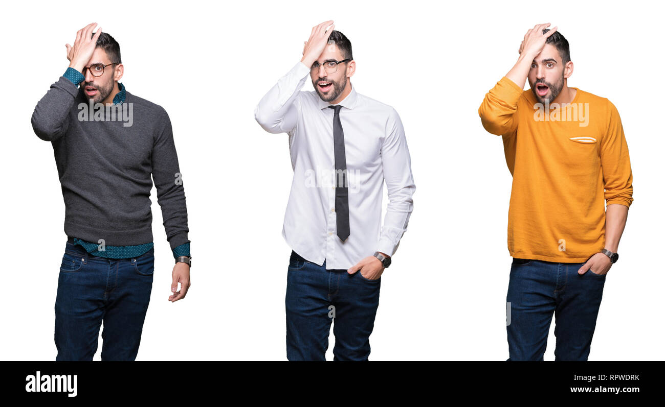 Collage of handsome man over white isolated background surprised with ...