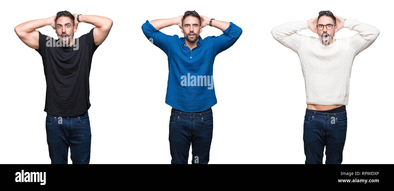 Collage of handsome man over white isolated background Crazy and scared ...