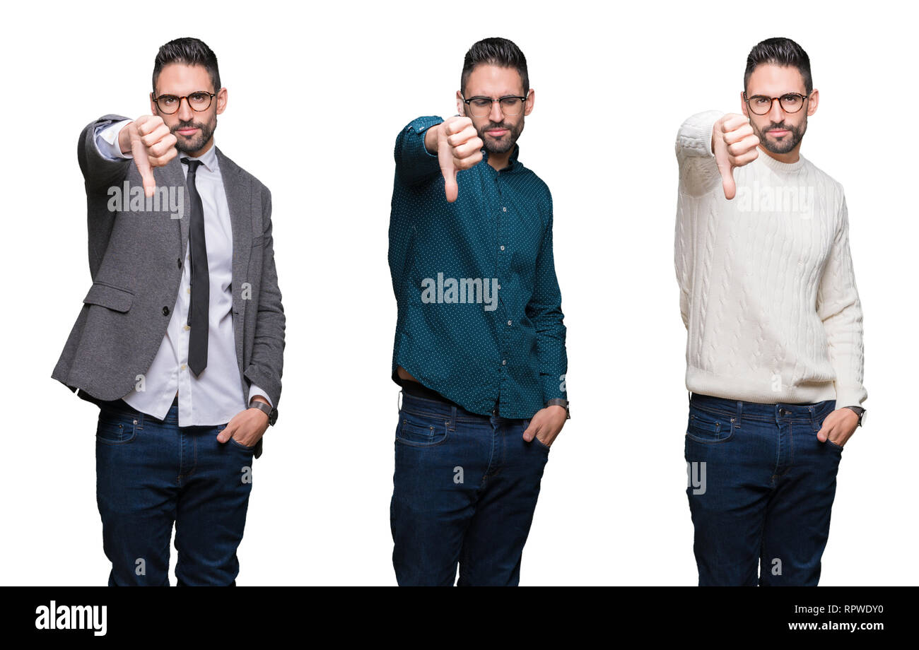Collage of handsome business man over white isolated background looking ...