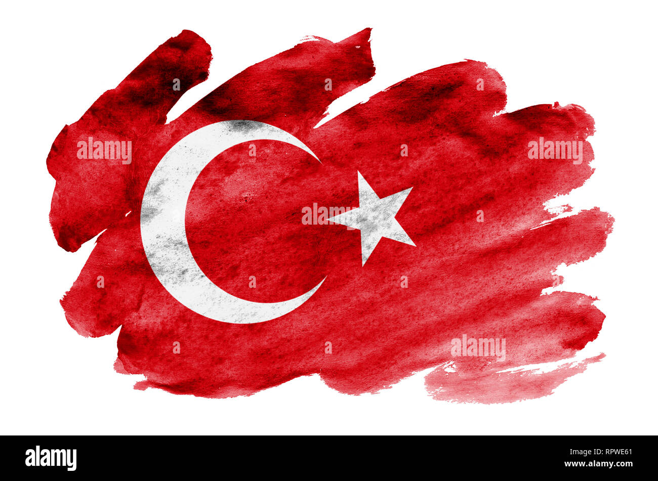 Turkey flag is depicted in liquid watercolor style isolated on white ...