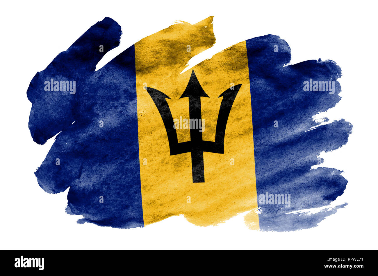 Barbados flag is depicted in liquid watercolor style isolated on white ...