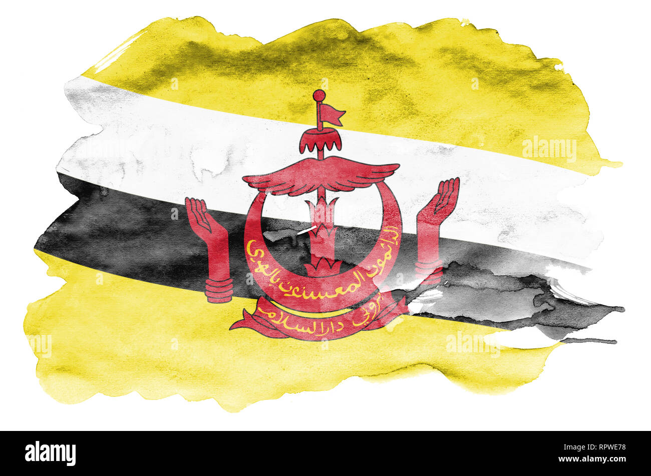 Brunei Darussalam flag is depicted in liquid watercolor style isolated ...