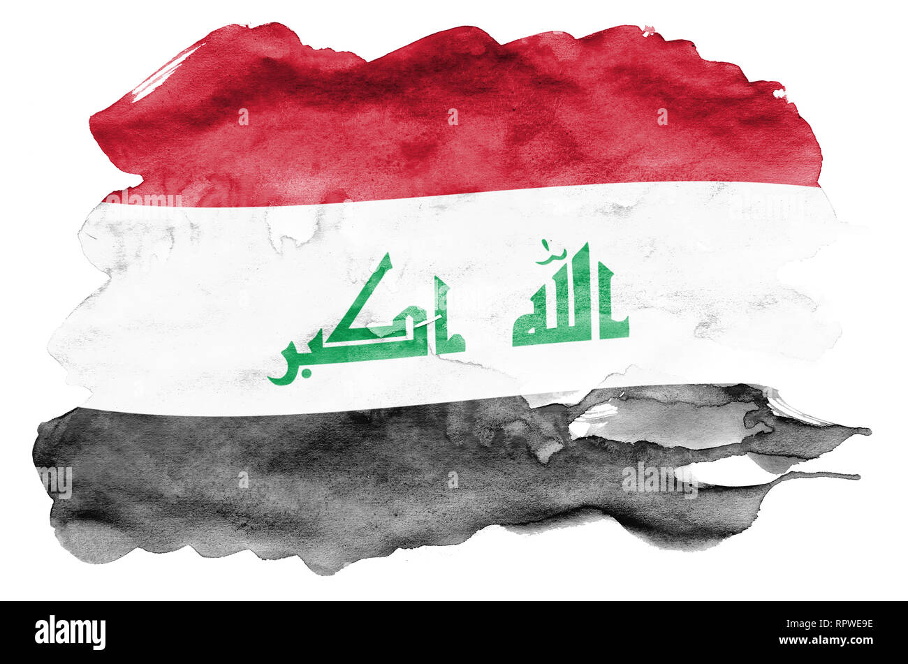 Iraq flag is depicted in liquid watercolor style isolated on white ...